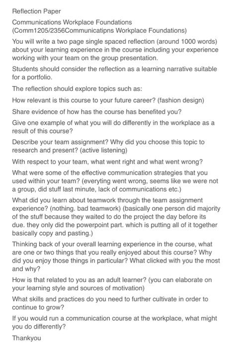 Reflection Paper Communications Workplace Foundations | Chegg.com