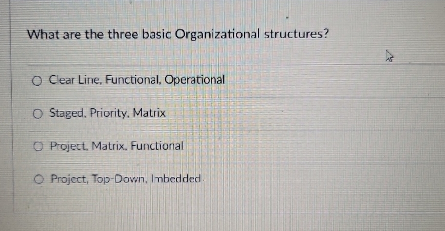 Solved What are the three basic Organizational | Chegg.com