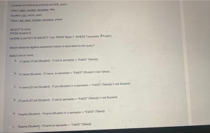 Solved Consider the fotowing schema and SOL query? Class | Chegg.com