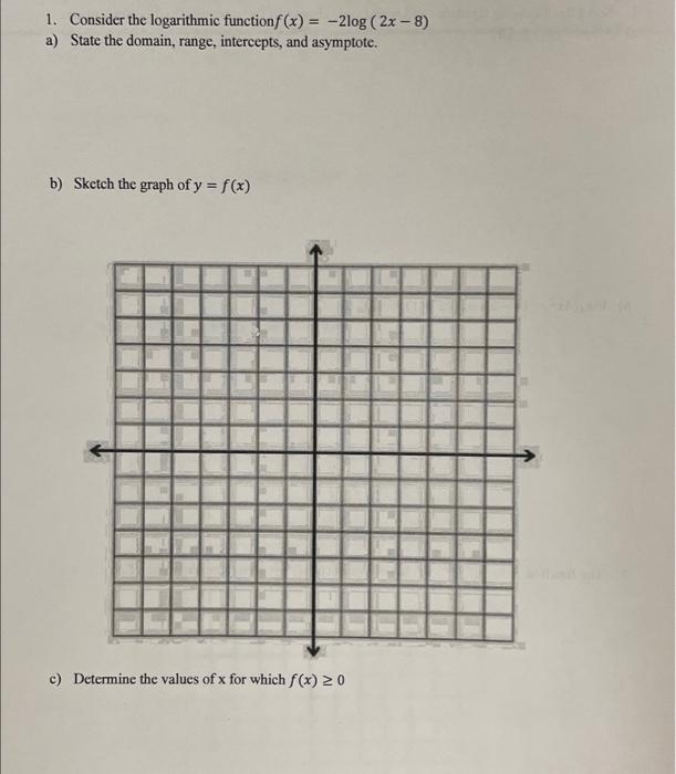 Solved 1 Consider The Logarithmic Function F X −2log 2x−8