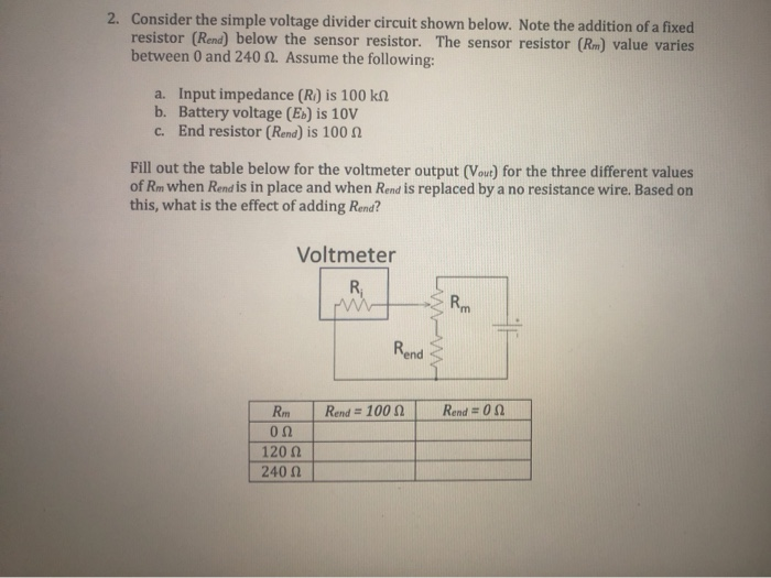 Solved 2. Consider the simple voltage divider circuit shown | Chegg.com
