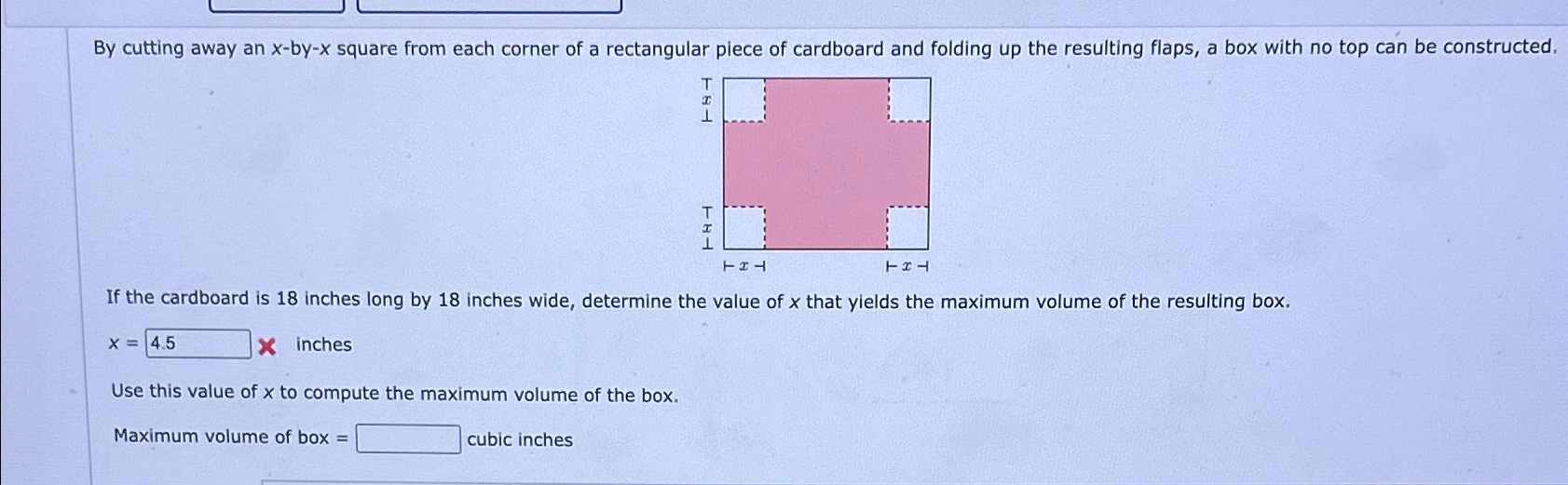 Solved By cutting away an x-by-x square from each corner of | Chegg.com