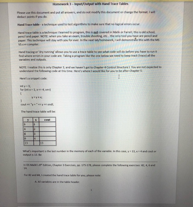 Homework 3 - Input/Output with Hand Trace Tables | Chegg.com
