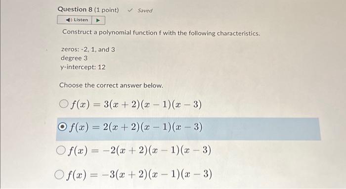 Solved Construct a polynomial function f with the following | Chegg.com