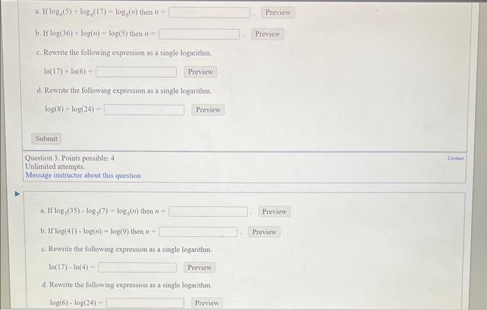 Solved 4. If log6(5)+log6(17)=log8(n) then n− b. If | Chegg.com