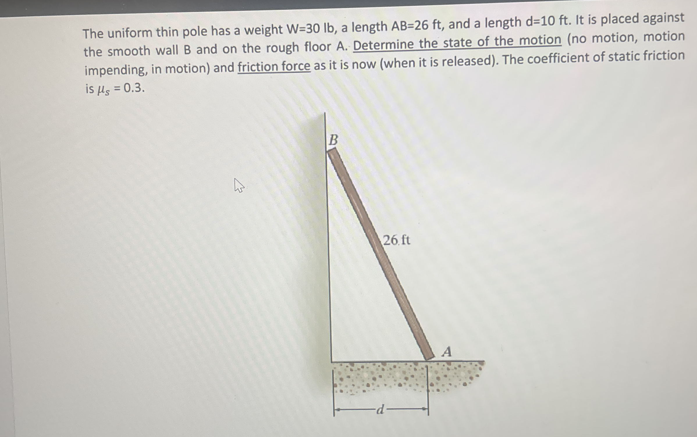 Solved by an EXPERT The uniform thin pole has a weight W=30lb, ﻿a length | Chegg.com