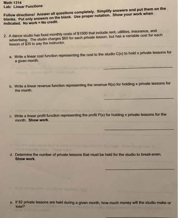 Solved Math 1314 Lab: Linear Functions Follow directions! | Chegg.com