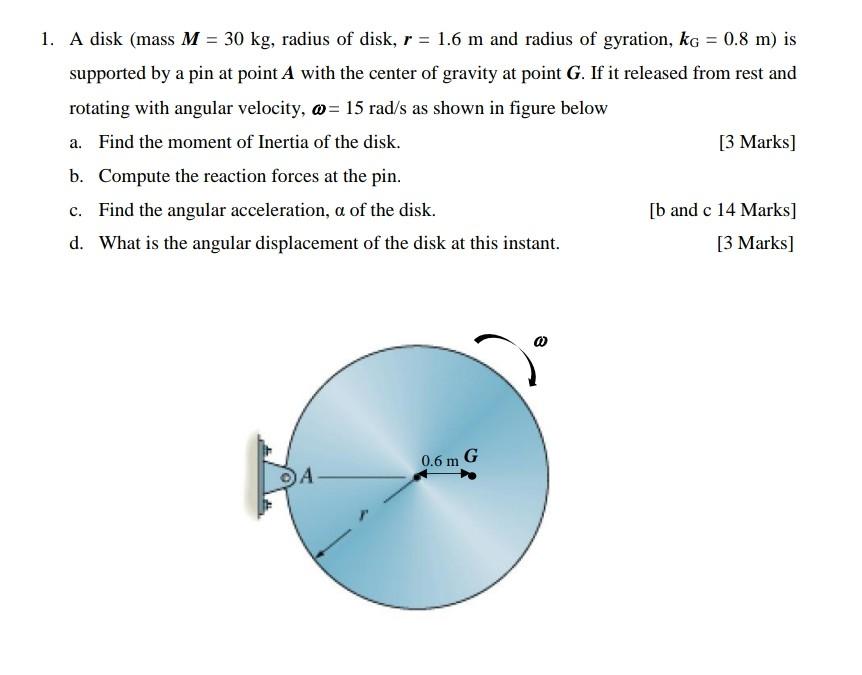 Solved 1. A disk (mass M=30 kg, radius of disk, r=1.6 m and | Chegg.com