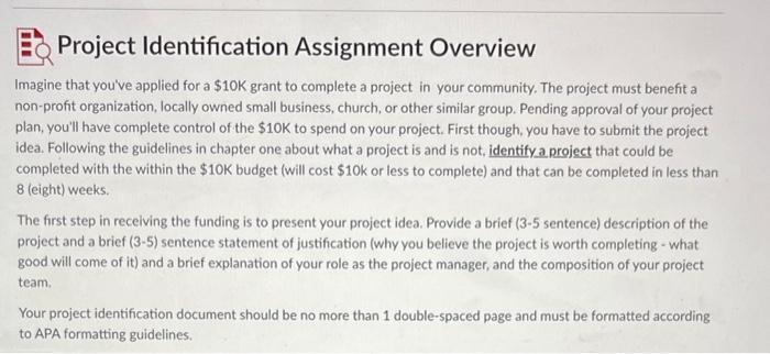 Solved Project Identification Assignment Overview Imagine | Chegg.com