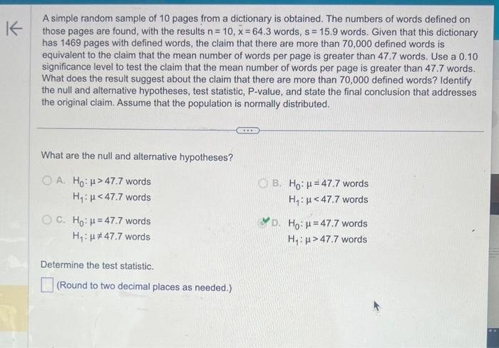 A simple random sample of 10 pages from a dictionary | Chegg.com