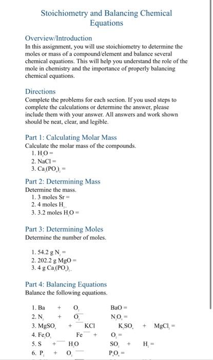 Solved Stoichiometry and Balancing Chemical Equations | Chegg.com
