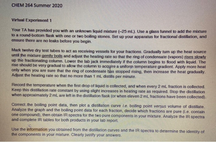 CHEM 264 Summer 2020 Virtual Experiment 1 Your TA has | Chegg.com