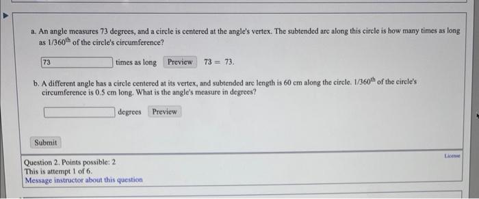Solved a. An angle measures 73 degrees, and a circle is | Chegg.com