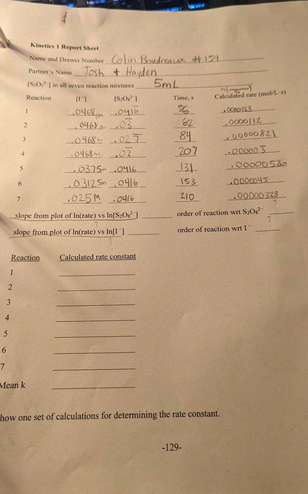 Solved Kinetics 1 ﻿Report SheetName and Drawer Number Colin | Chegg.com