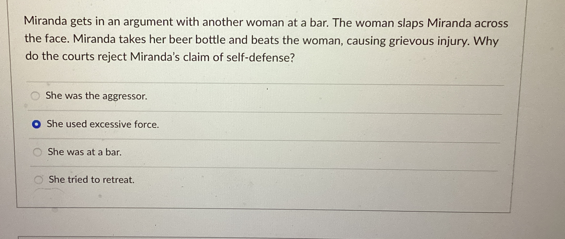 Solved Miranda gets in an argument with another woman at a | Chegg.com