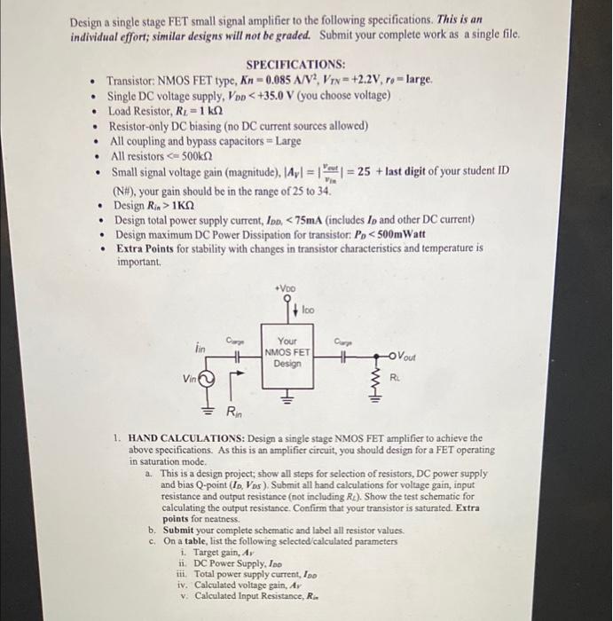 . Design a single stage FET small signal amplifier to | Chegg.com