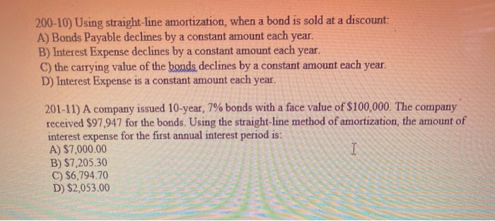 Solved 200-10) Using straight-line amortization, when a bond | Chegg.com