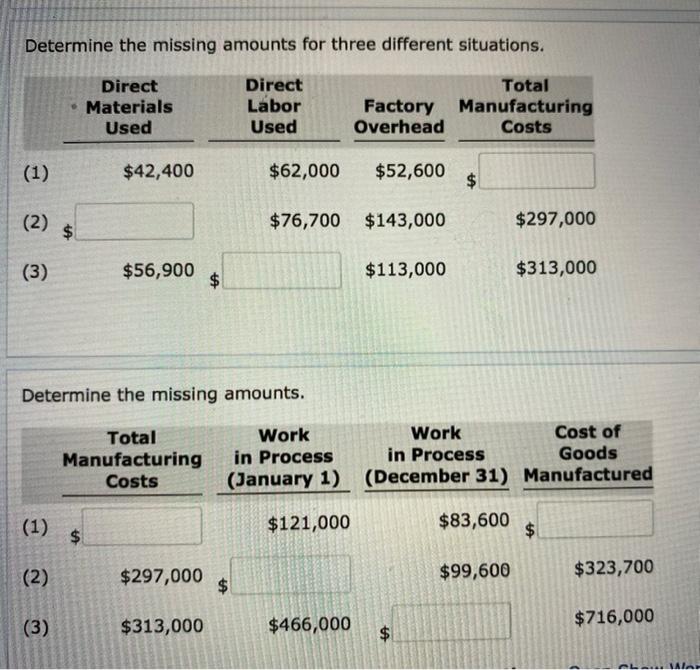 Solved Determine the missing amounts for three different | Chegg.com