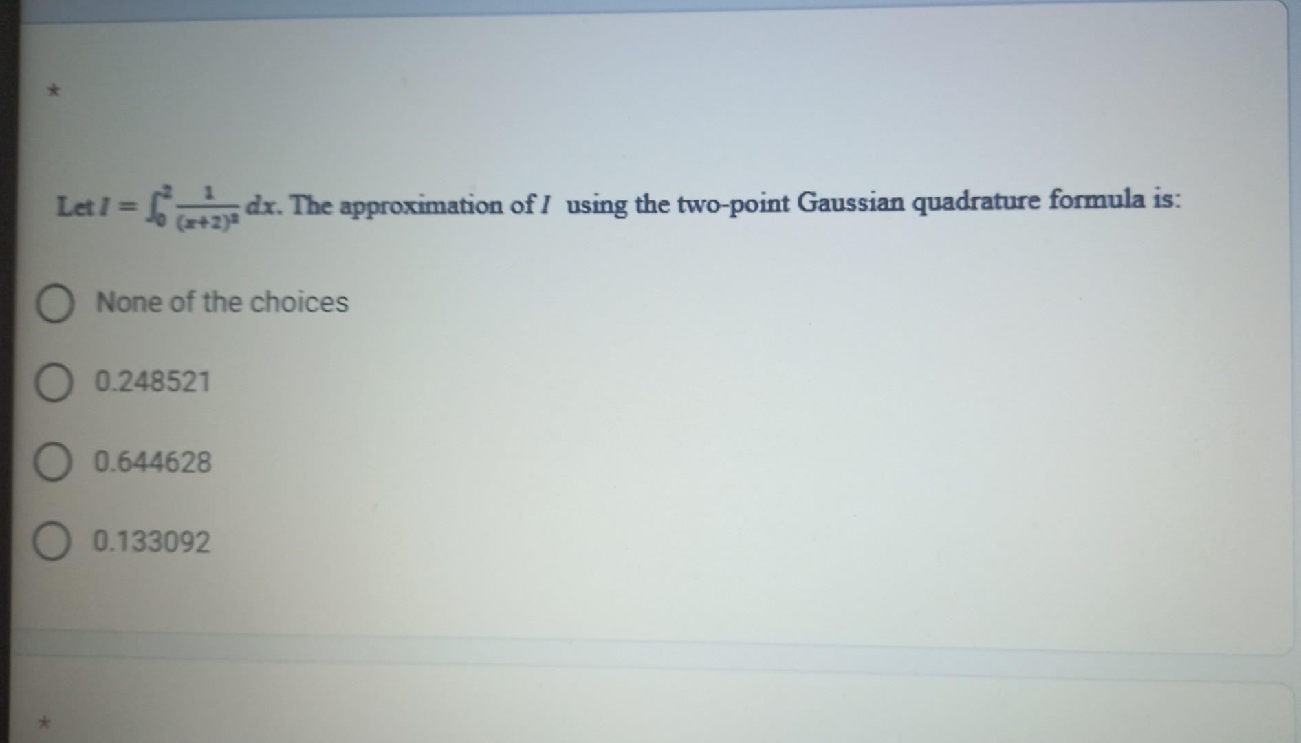 Solved Let I=∫02(x+2)21dx. The approximation of I using the | Chegg.com