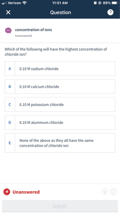 Solved Oe 89% Verizon 11:51 AM Question concentration of | Chegg.com