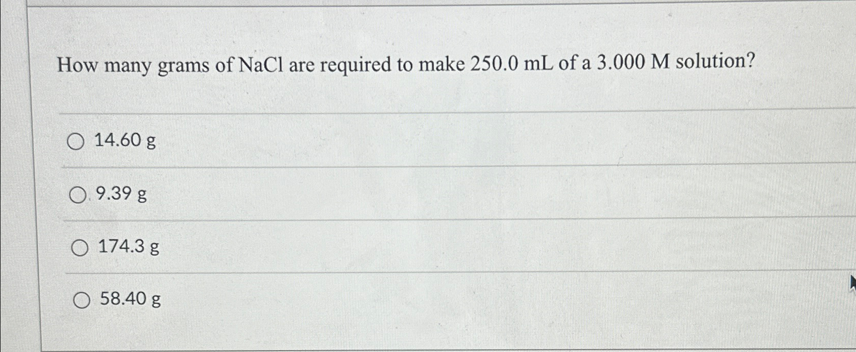 Solved How many grams of NaCl are required to make 250.0mL | Chegg.com