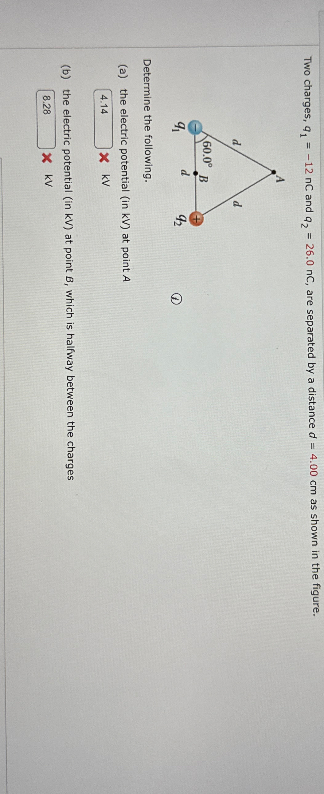 Solved Two charges, q1=-12nC ﻿and q2=26.0nC, ﻿are separated | Chegg.com