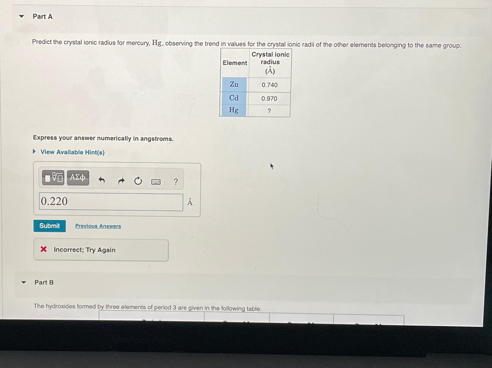 Solved Part APredict the crystal ionic radius for mercury, | Chegg.com