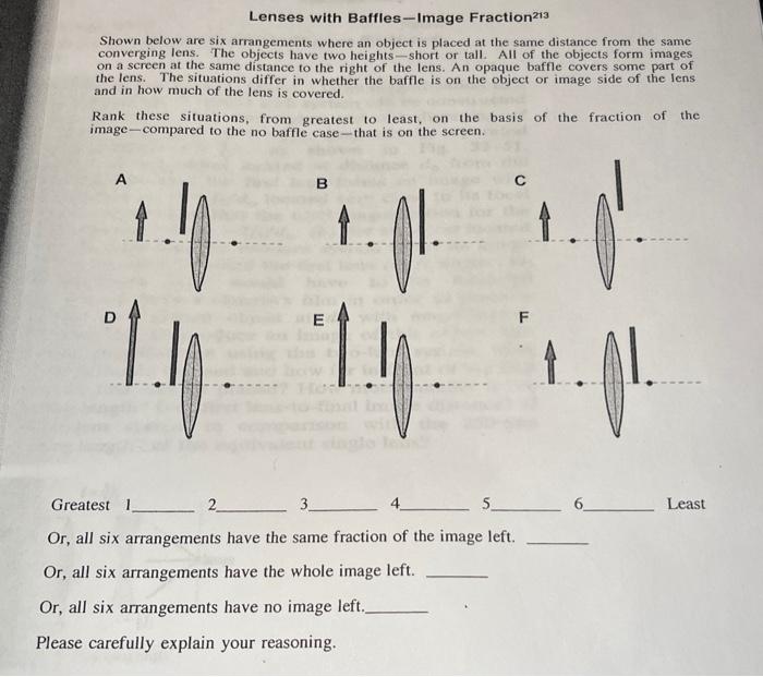 Solved Lenses with Baffles-Image Fraction 213 Shown below | Chegg.com