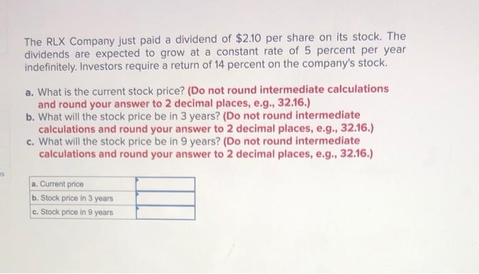 Solved The RLX Company just paid a dividend of $2.10 per | Chegg.com