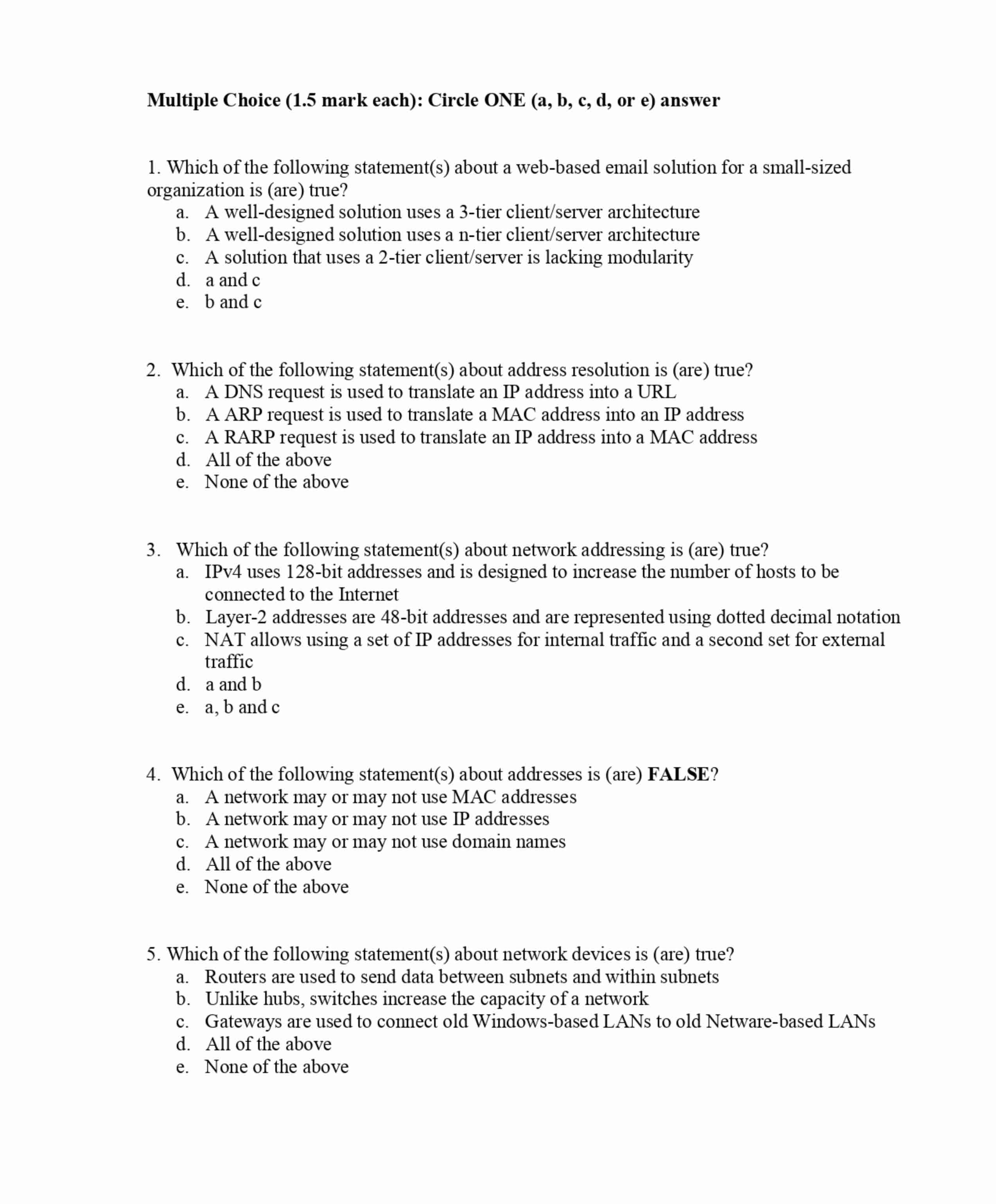 Solved Multiple Choice (1.5 ﻿mark each): Circle ONE (a, ﻿b, | Chegg.com