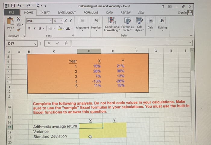 Solved Calculating retums and variability - Excel ? ES 6 X | Chegg.com