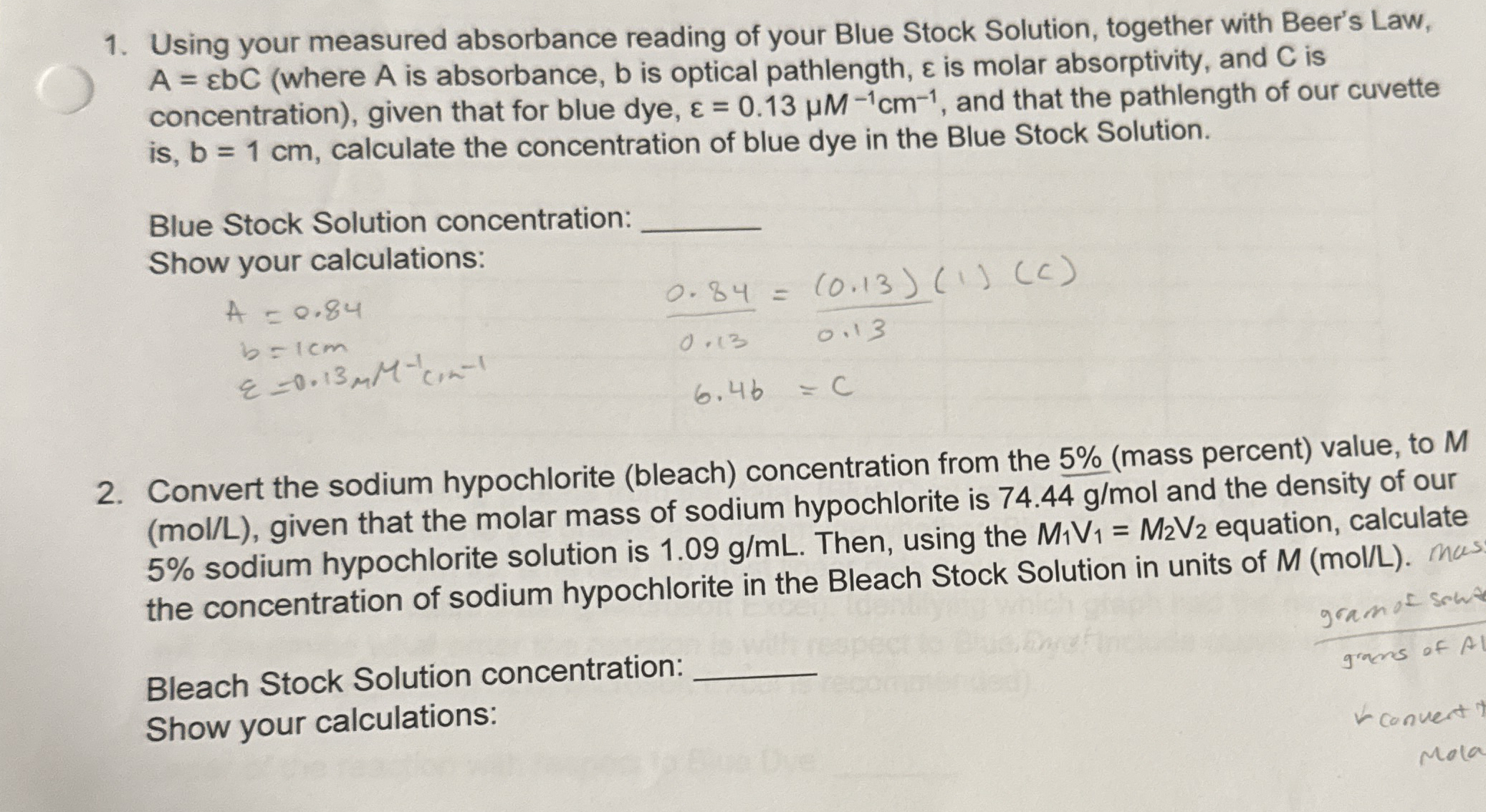 Solved Convert the sodium hypochlorite (bleach) | Chegg.com