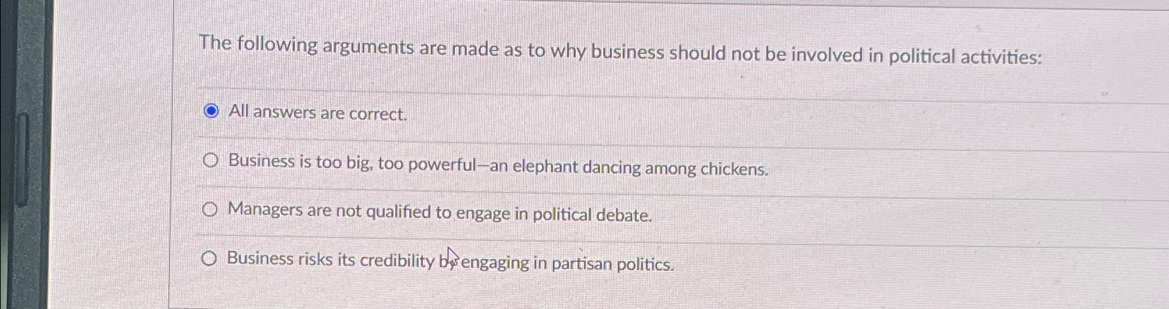 Solved The following arguments are made as to why business | Chegg.com