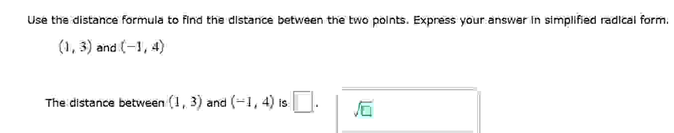 Solved Use the distance formula to find the dlstance between | Chegg.com