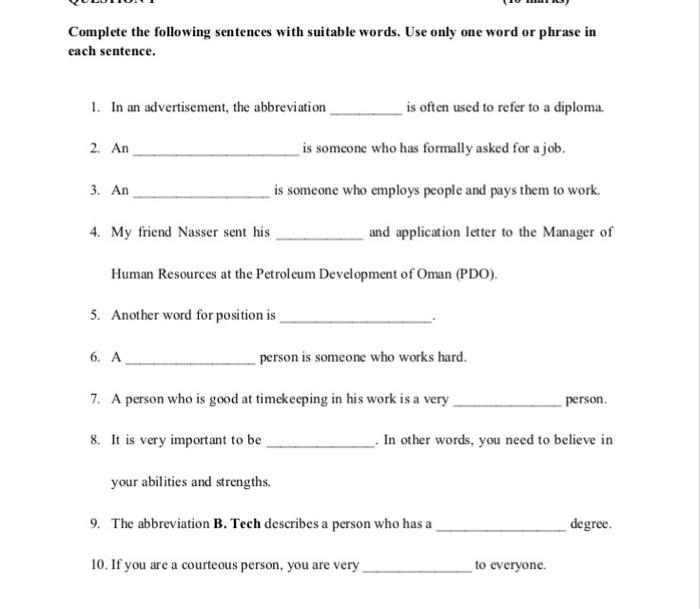 Solved Complete the following sentences with suitable words. | Chegg.com