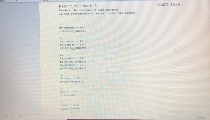 Solved Dard COSC 1436 Exercise Sheet 3 Predict the outcome | Chegg.com