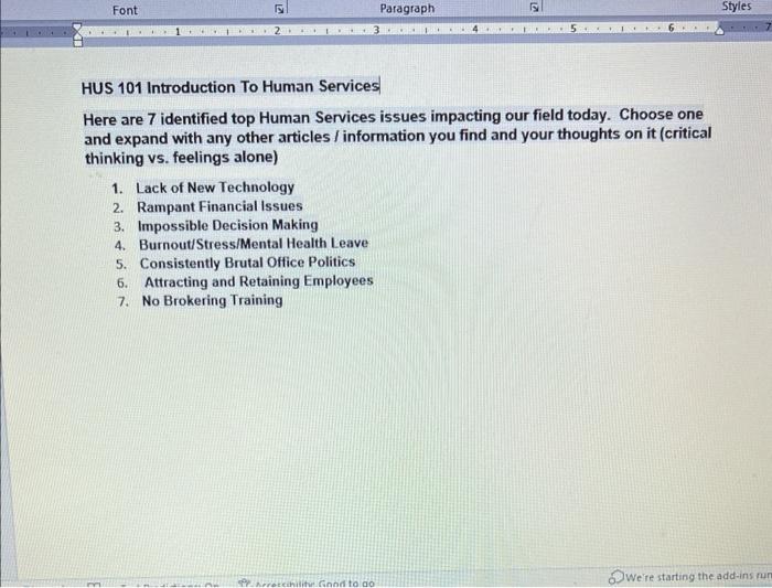 Solved HUS 101 Introduction To Human Services) Here are 7 | Chegg.com
