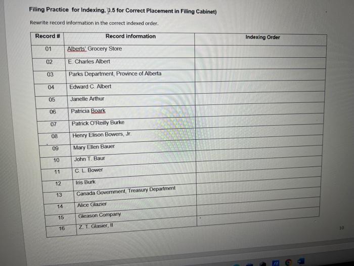 Solved Filing Practice for Indexing, 0.5 for Correct | Chegg.com