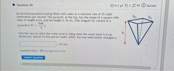 Solved An inverted pyramid is being filled with water at a | Chegg.com