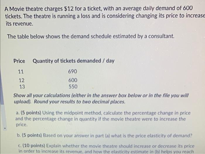 Solved A Movie theatre charges $12 for a ticket, with an | Chegg.com