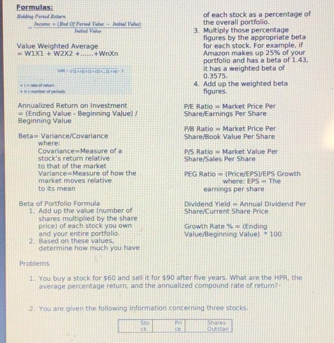 Solved Formulas: Houling Perior Retarn Value Weighted | Chegg.com