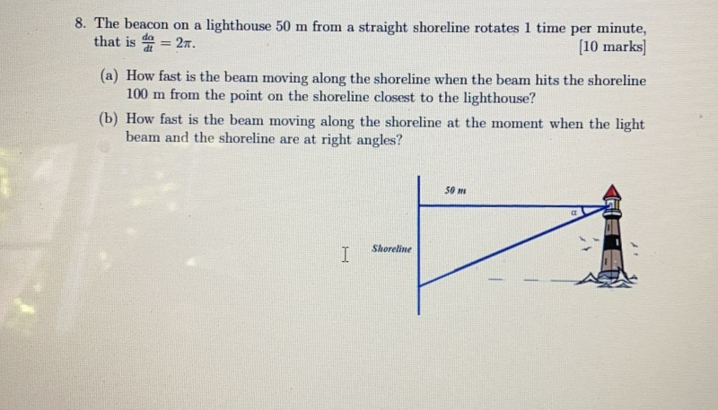 Solved 8. The beacon on a lighthouse 50 m from a straight | Chegg.com
