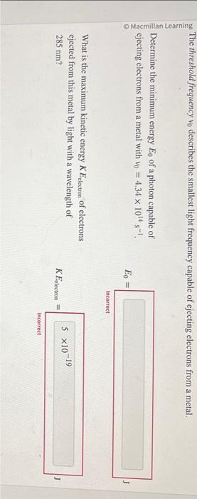 Solved The threshold frequency v0 describes the smallest | Chegg.com