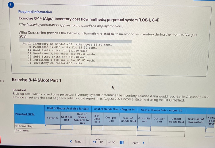 Solved Required information Exercise 8-14 (Algo) Inventory | Chegg.com