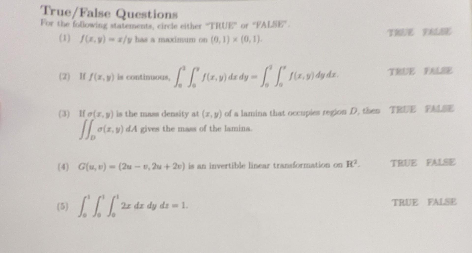 Solved True/False Questions For the followiteg statements, | Chegg.com