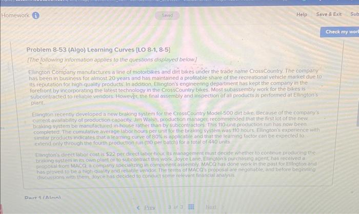 Solved Problem 8-53 (Algo) Learning Curves [LO 8-1, 8-5] The | Chegg.com