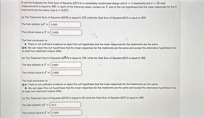 Solved (9 points) Suppose the Total Sum of Squares (SST) for | Chegg.com