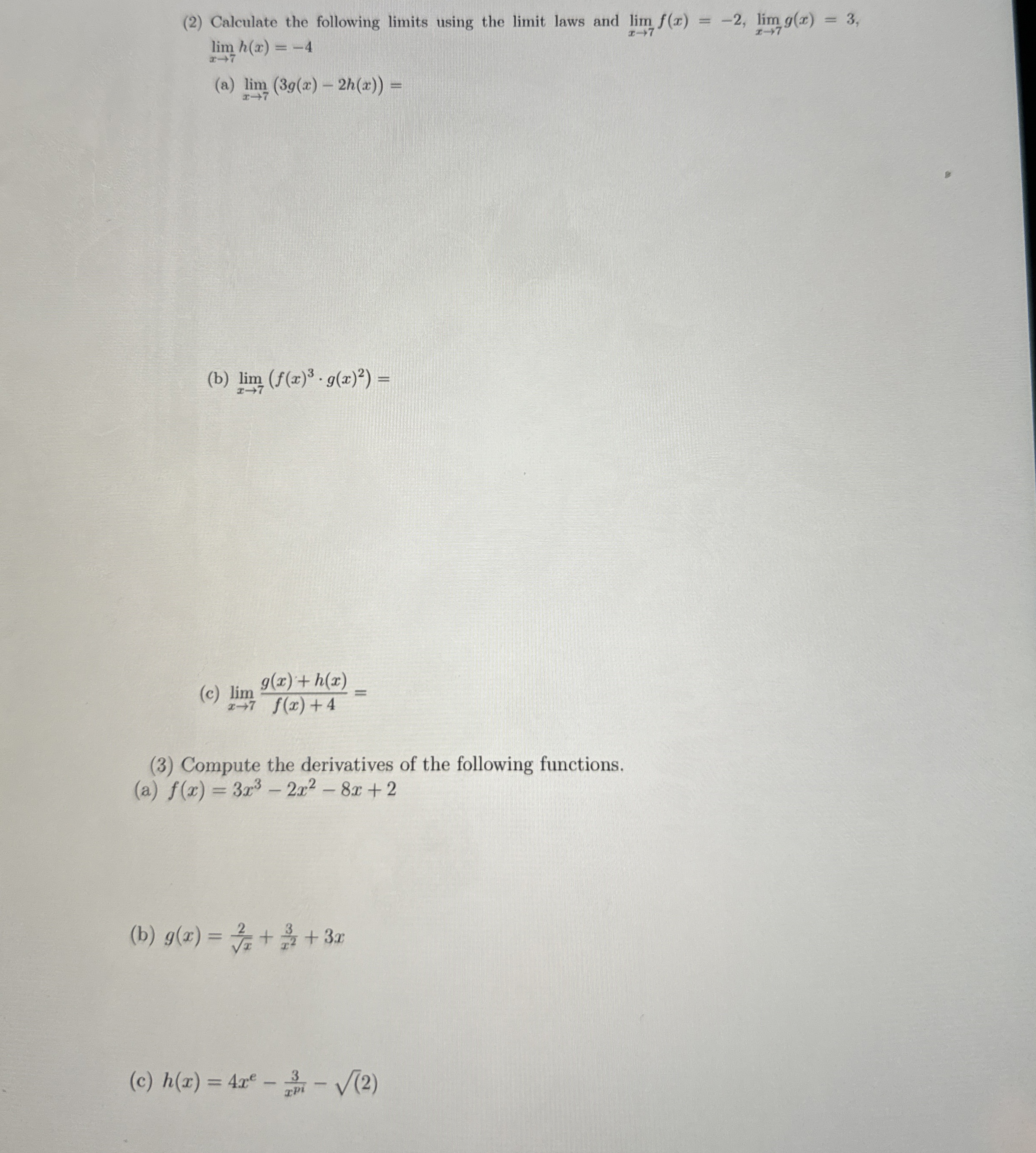 Solved (2) ﻿Calculate the following limits using the limit | Chegg.com