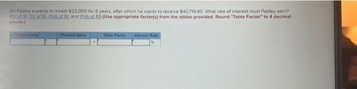 Solved Bill Padley expects to invest $22,000 for 8 years, | Chegg.com