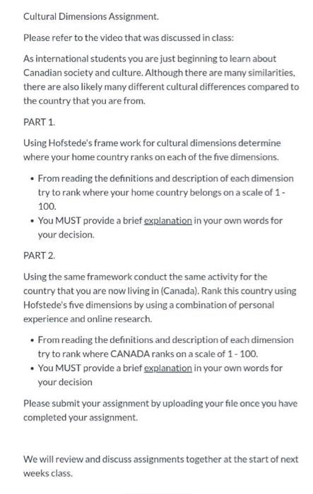 Solved Cultural Dimensions Assignment. Please refer to the | Chegg.com